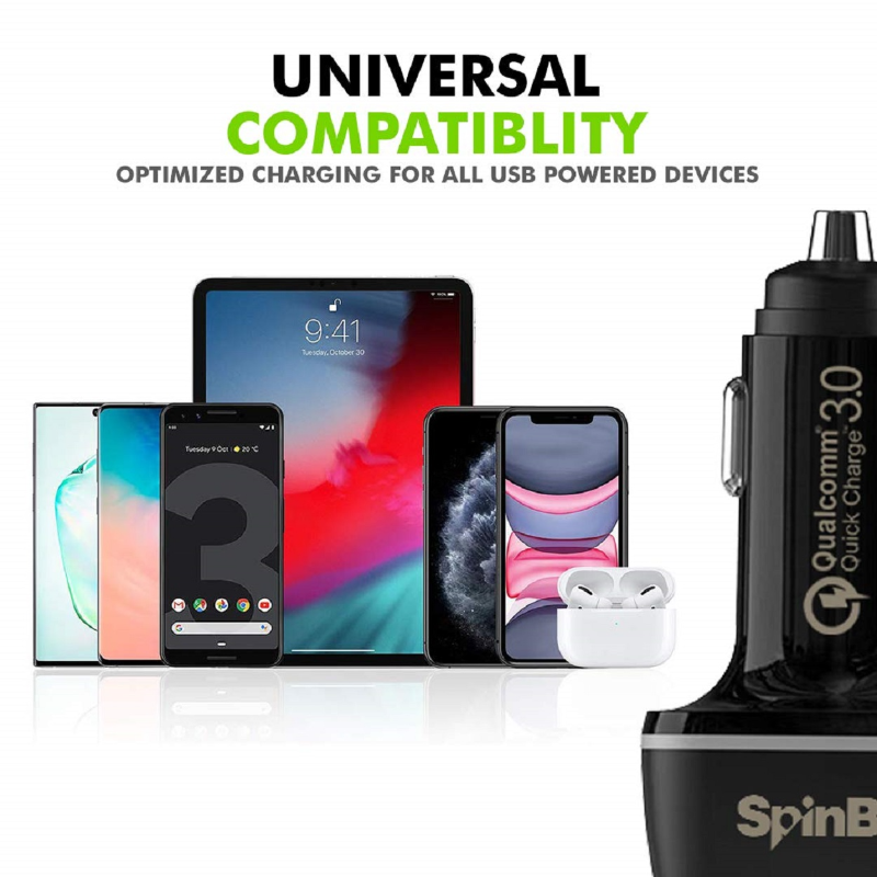 SpinBot CC3Q-C ChargeUp, 3 Ports 30W Quick Charge 3.0 Car Charger, Fast ...