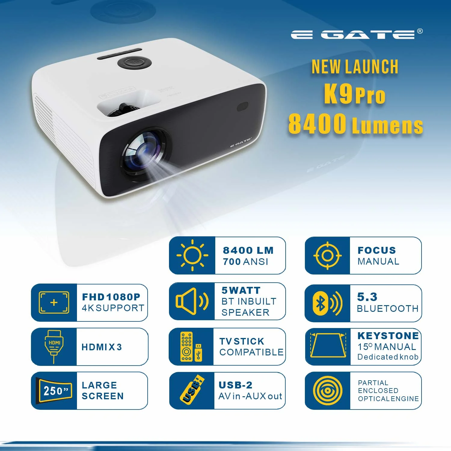 Egate EO9022 New K9 Pro Ultra Bright 8400 Lumens 700 ANSI Bluetooth ...